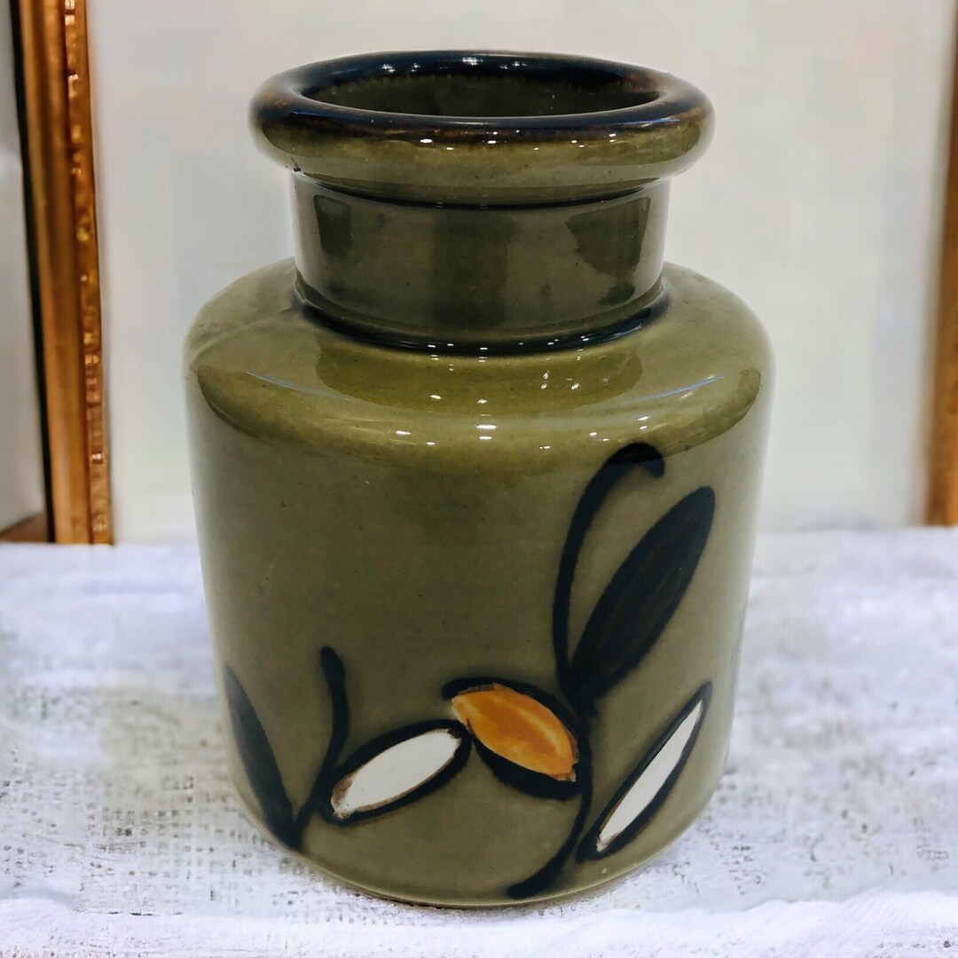 Vintage Stoneware Pottery Vase Nagoya Japan Green Leaf Design National ...