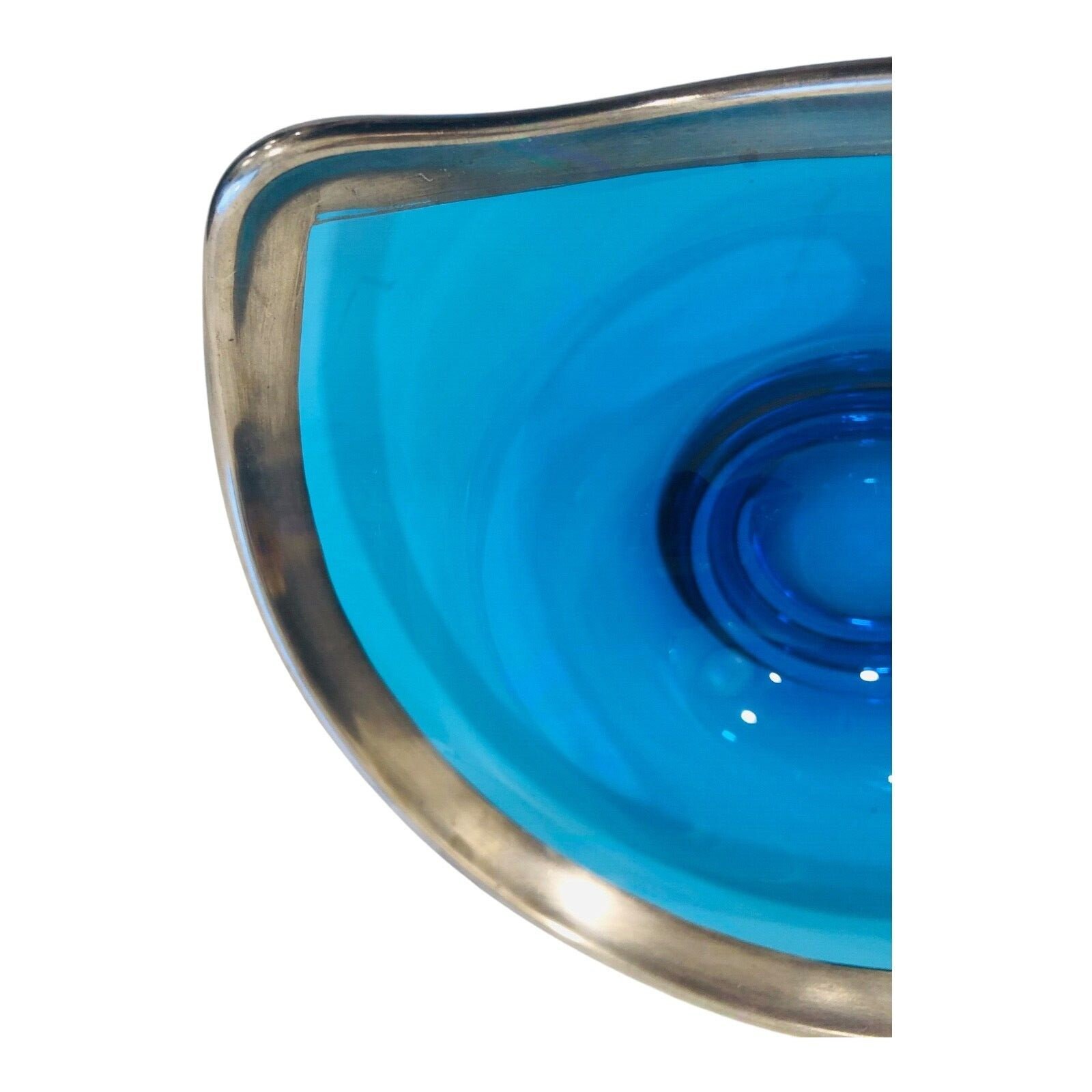 Vintage Art Glass Small Decorative Bowl Blue With Silver Tone Border ...