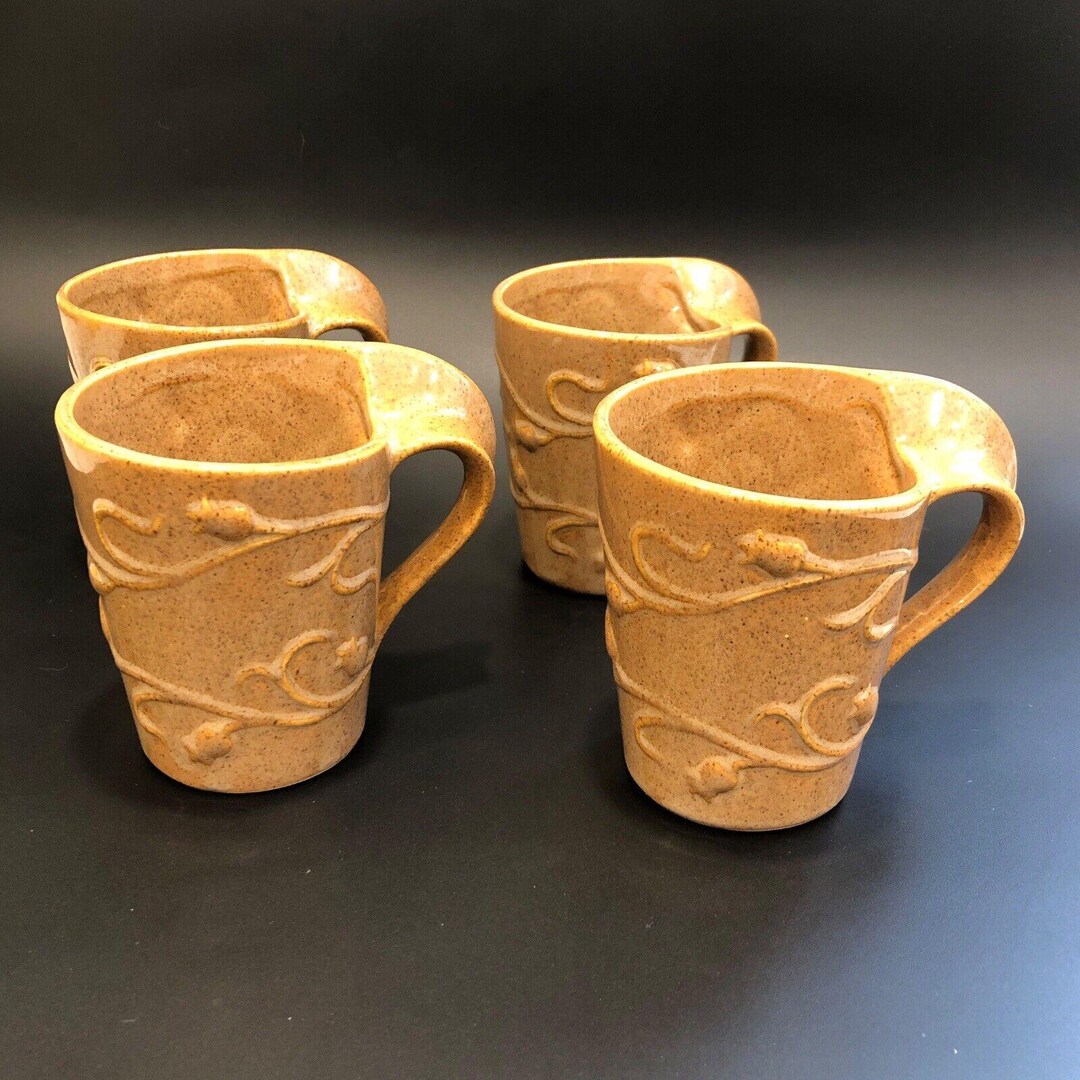 Embossed Stoneware Coffee Mugs Curved Handle Made in Palestine Light ...