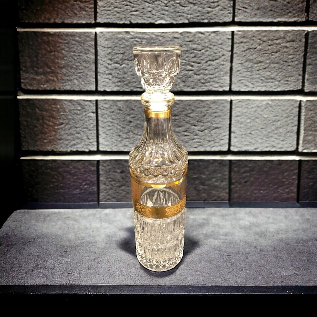 Vintage Glass Liquor Decanter With Stopper Gold Tone Trim Bar Ware Bar ...
