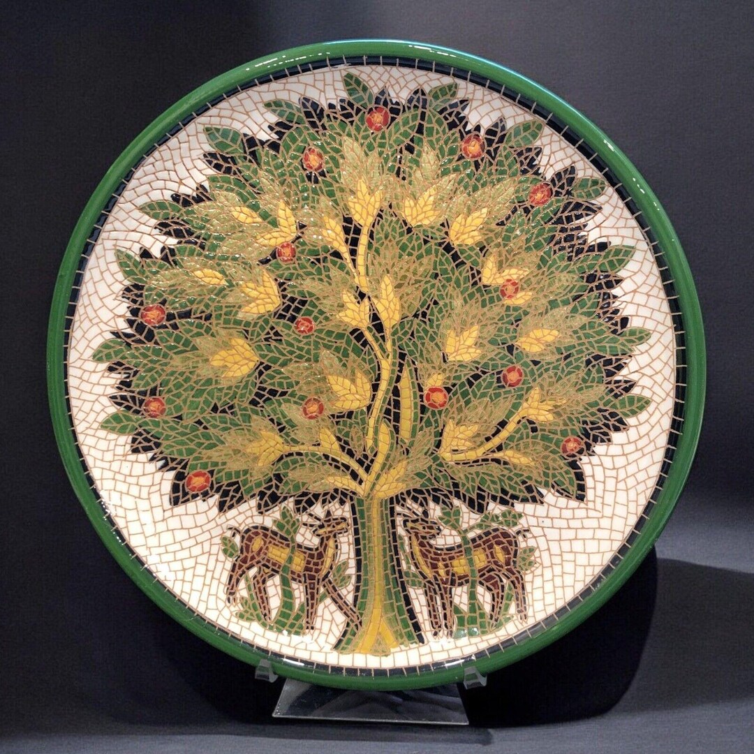 Hand Crafted Mosaic Tile Tree of Life Decorative Wall Plate Deer Green ...
