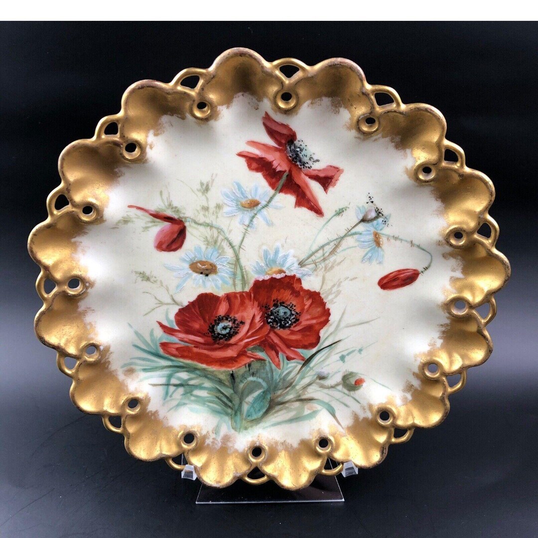 Hand Painted Vintage Floral Red Poppy Plate Gold Gilt Scalloped Edge ...