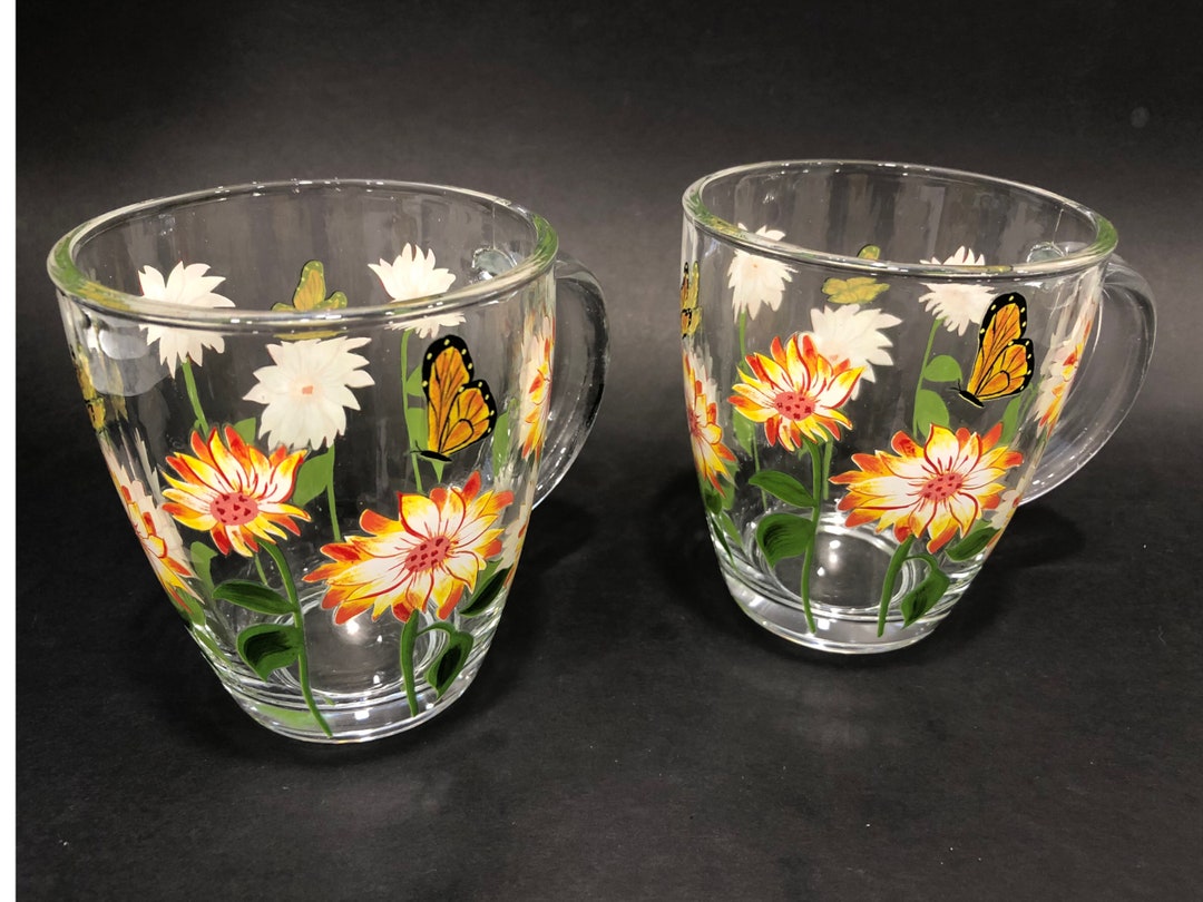 Glass Coffee Mugs With Butterflies and Flowers Floral Design Clear ...