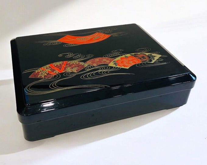 Japanese Black Lacquer Bento Box Asian Inspired Fan Design Jewelry ...