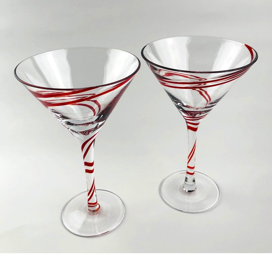 Martini Glasses Double Red Swirl Clear Candy Cane Stripe Pair Bar Ware ...