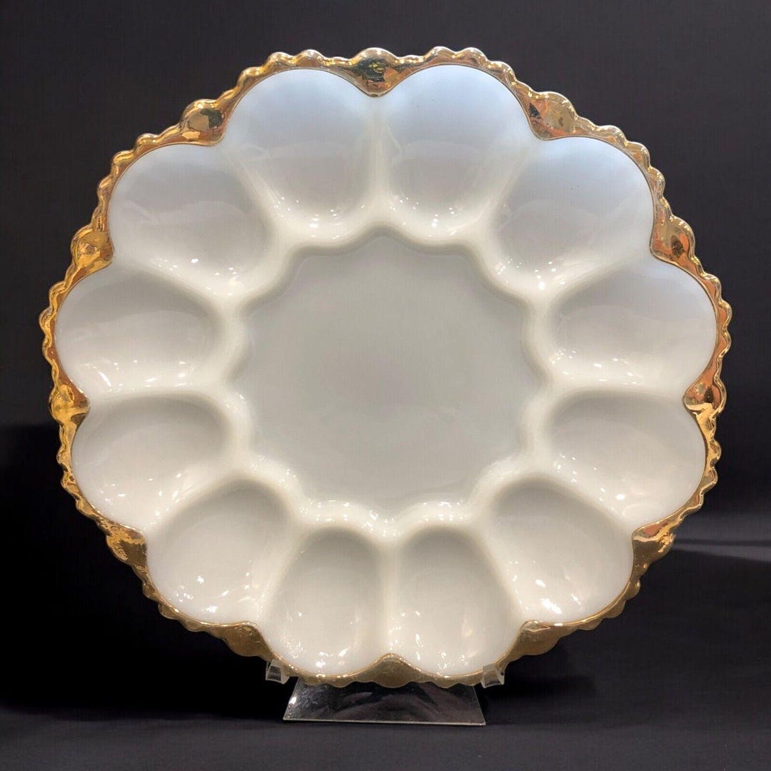Vintage White Milk Glass Egg Plate Tray With Gold Tone Trim Devilled Egg Platter - Etsy