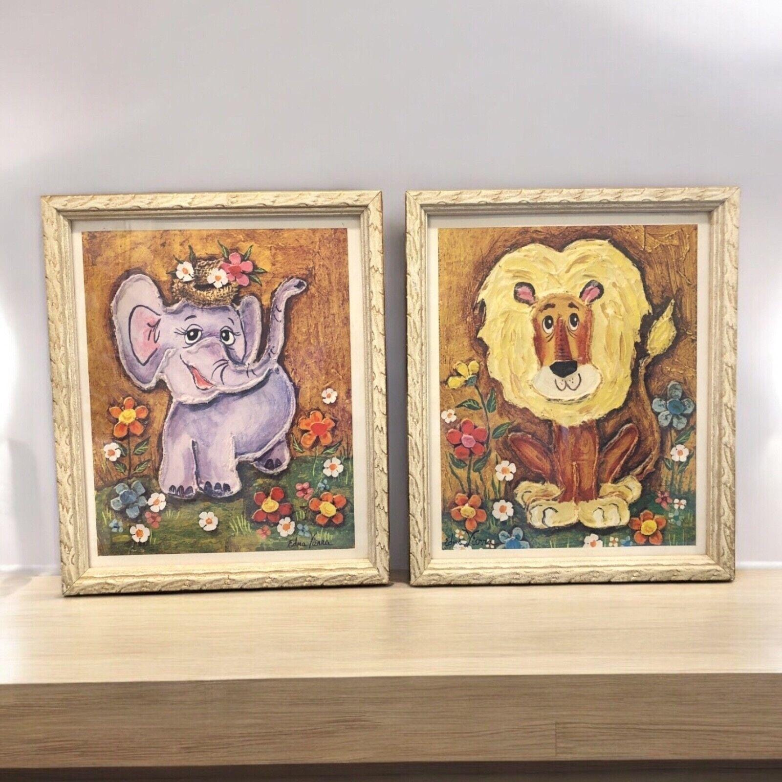 Edna Vierra Vintage Elephant and Lion Prints Framed Nursery Décor Zoo ...