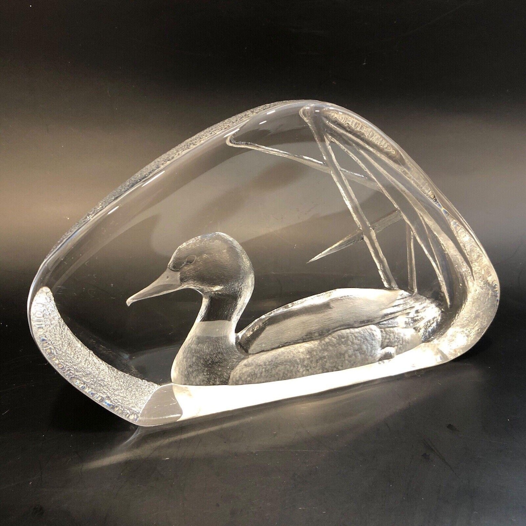 Mats Jonasson Clear Crystal Glass Duck Sculpture in Relief Textured ...