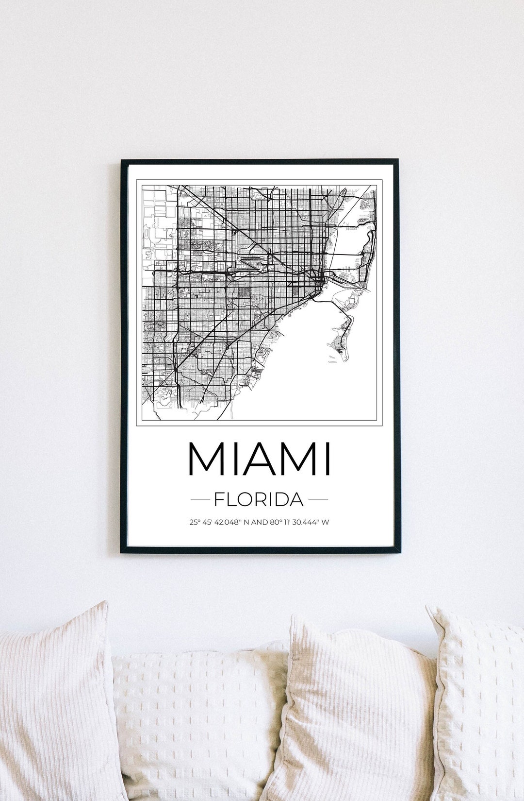 Miami Florida, Digital Art Map, Digital Print Poster, Black and White ...