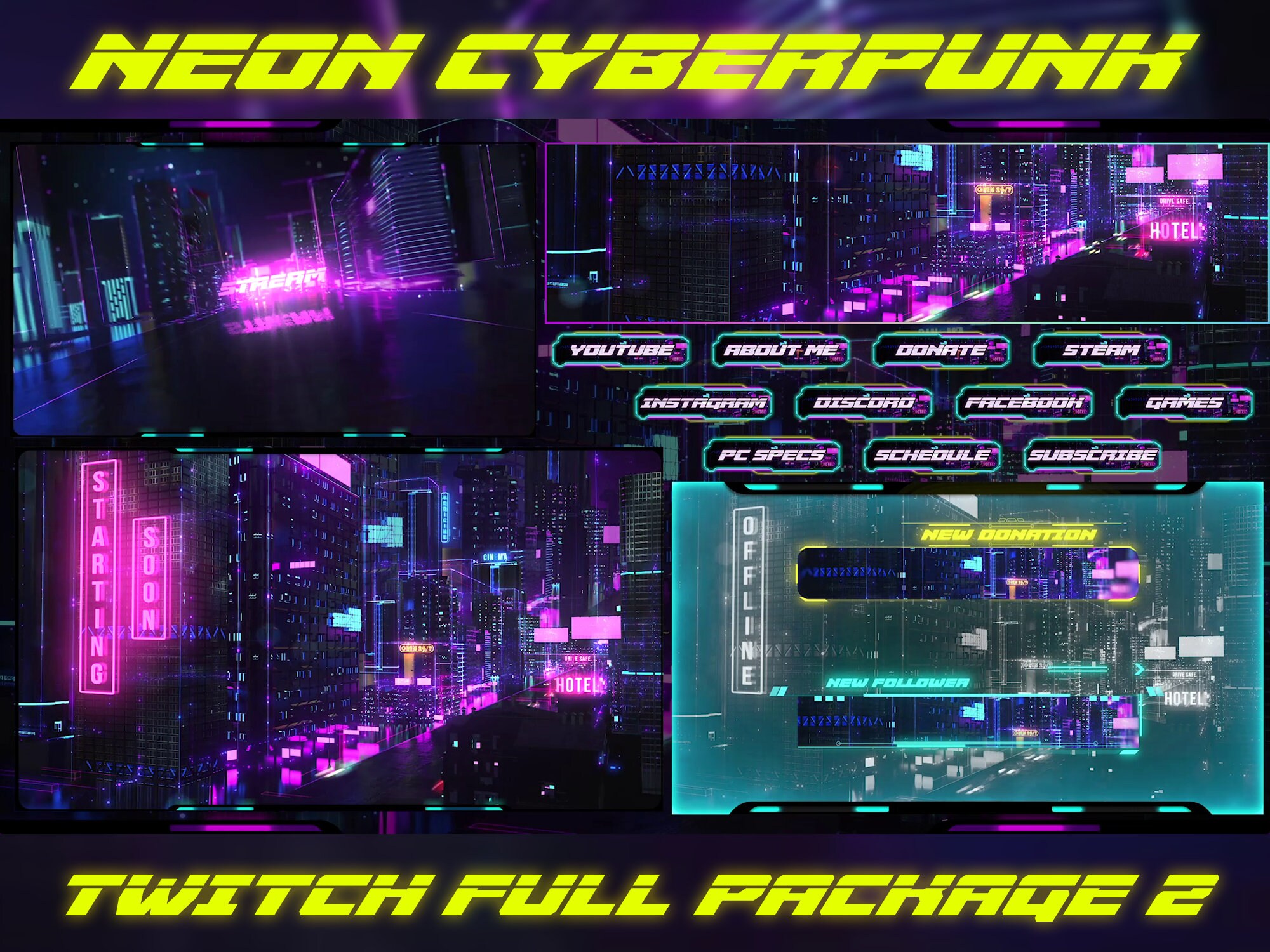 Neon Stream Overlay Paket 2 Animierte Bildschirme, Alarme, Overlay ...