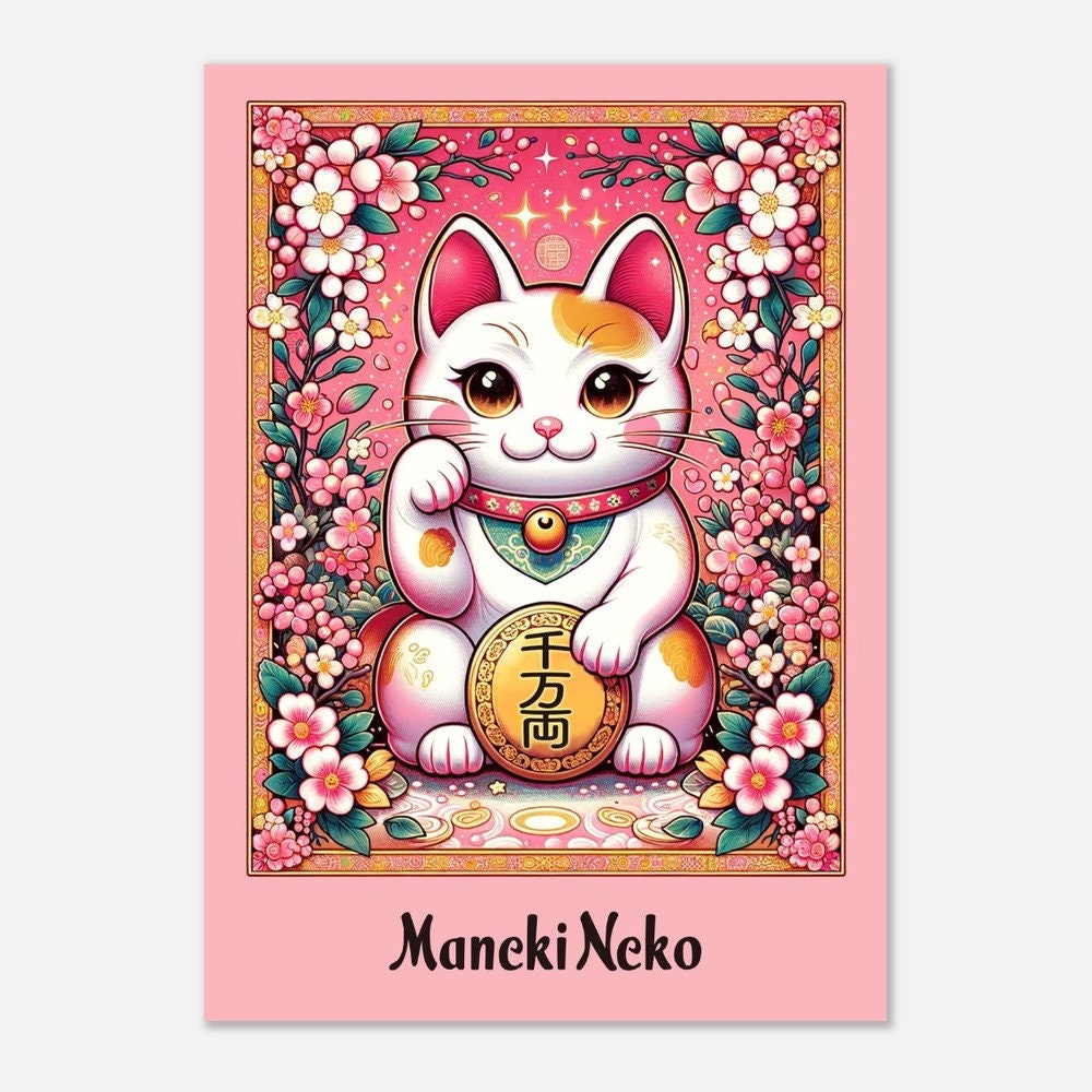 Maneki Neko Poster Pink Wall Art - Etsy