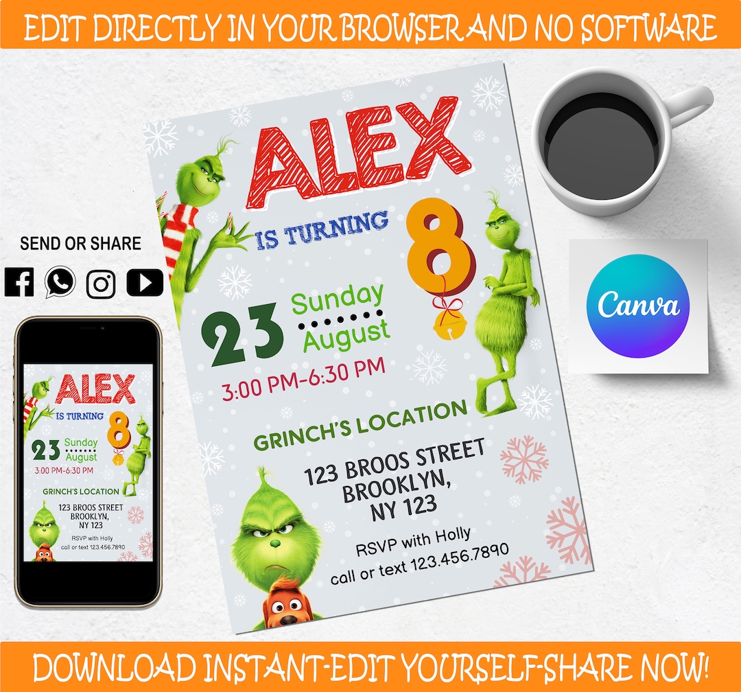 The Grinch Birthday Invitation - Kids Merry Grinchmas Invite - Digital ...