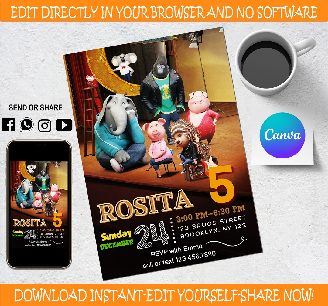 Sing Movie 2 Invitation - Kids Invitation - Sing Movie Digital Party ...