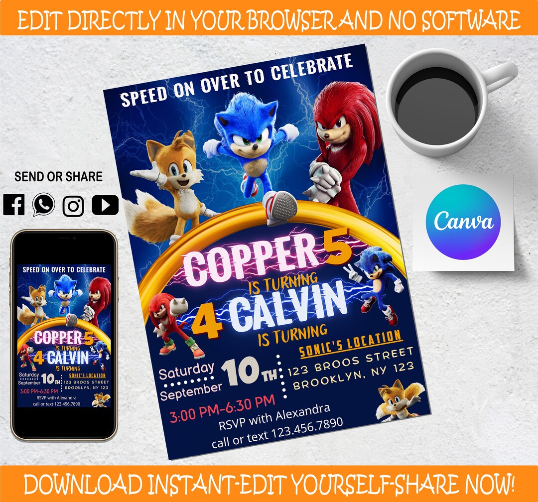 Double Sonic the Hedgehog Invitation - Kids Invitation - Digital Party ...