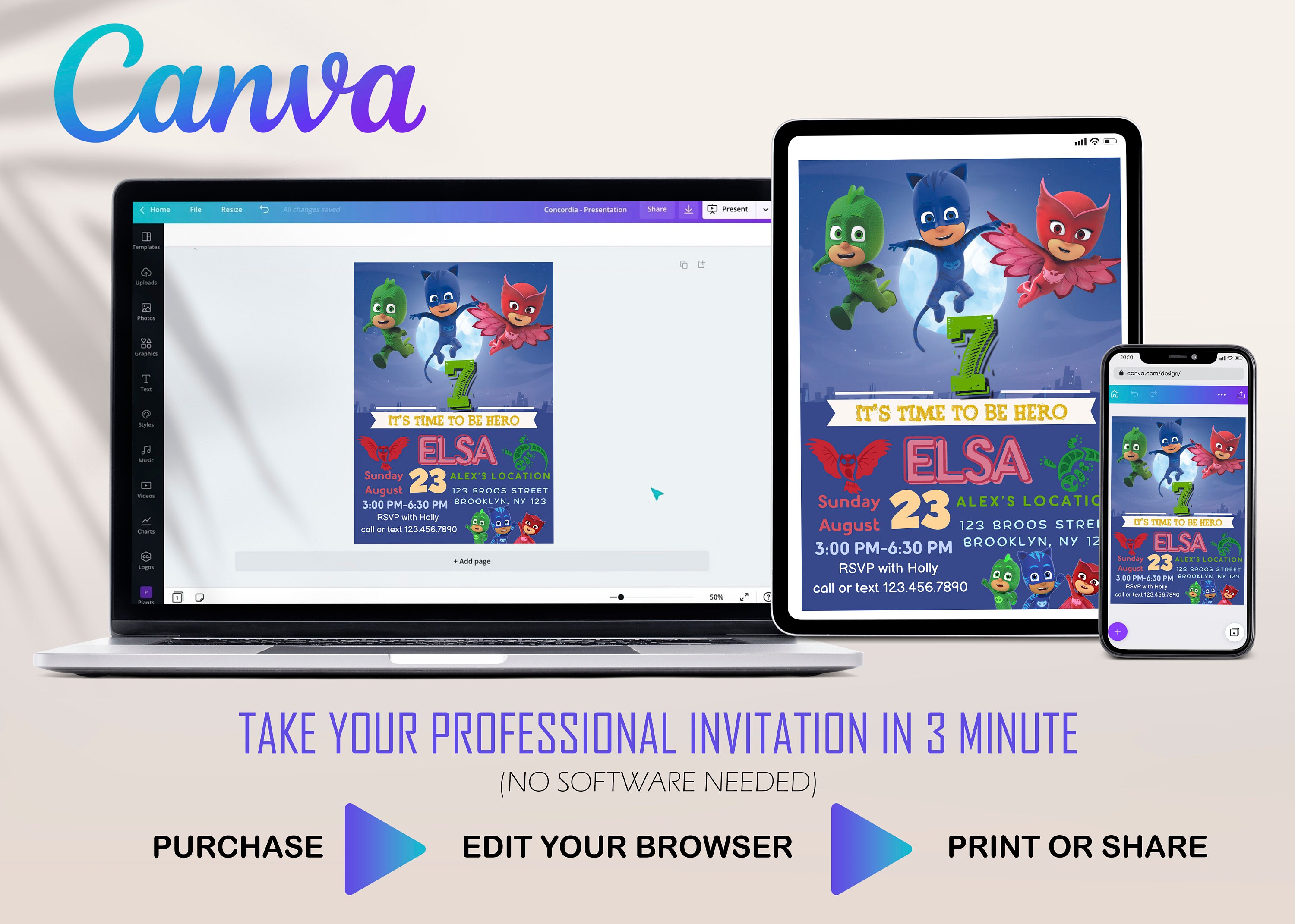 PJM Birthday Invitation Kids Invitation Digital PJM Party - Etsy