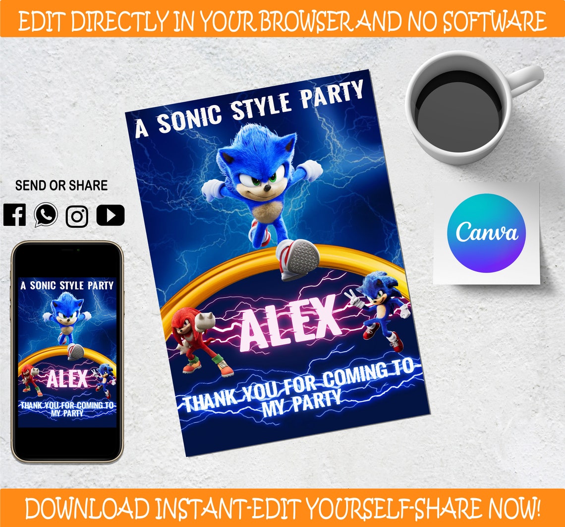 Sonic the Hedgehog Thanks Card - Kids Invitation - Digital Party Invite ...