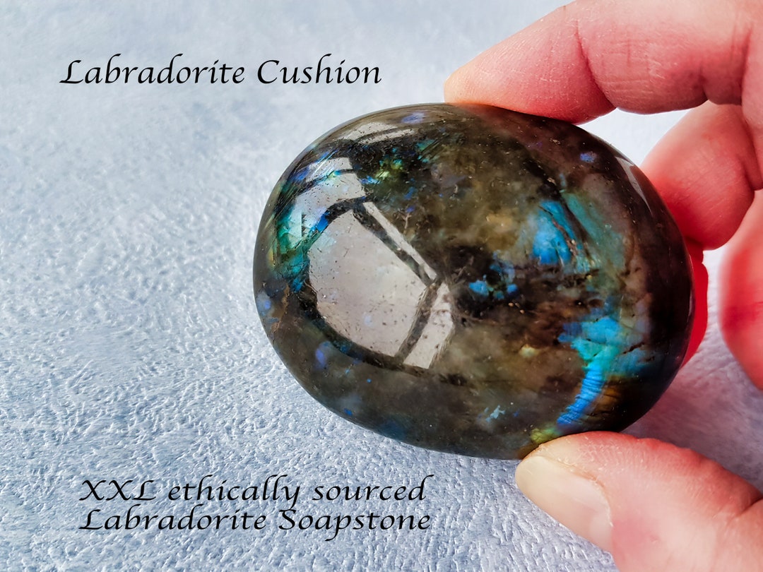 Labradorite Cushion, XXL Premium Quality Labradorite Soapstone, Gemstone Palm Stone, Extra Large ...