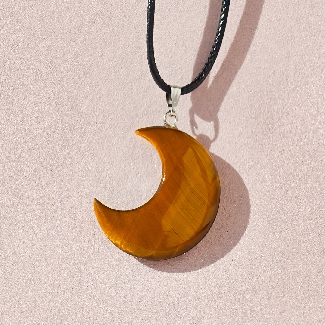Tiger’s Eye Crescent Moon Pendant Necklace, Golden Tigers Eye Pendant ...