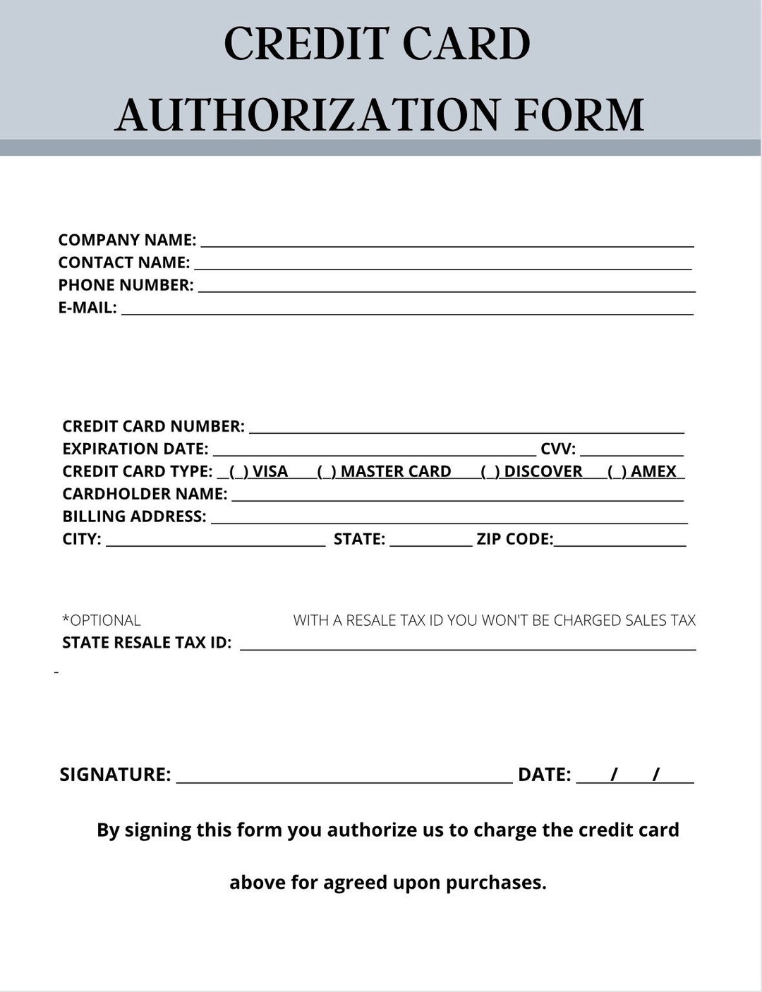 Credit Card Authorization Form Etsy