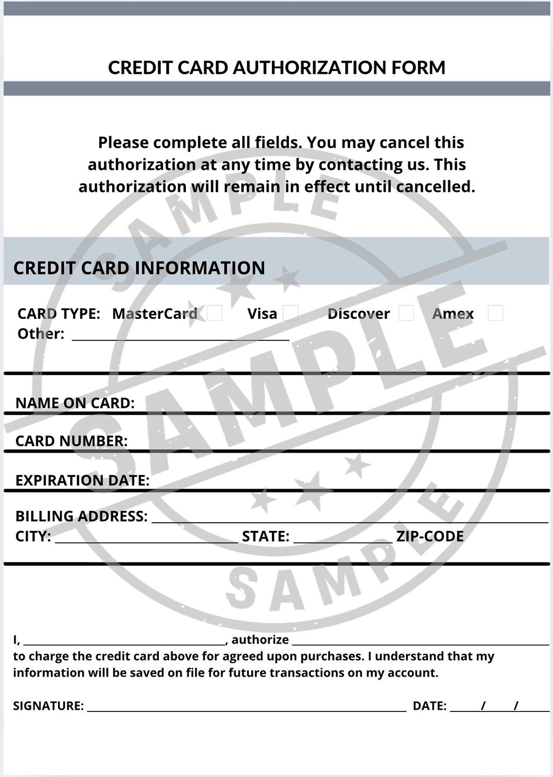 Credit Card Authorization Form Template, Editable PDF Template (CANVA ...