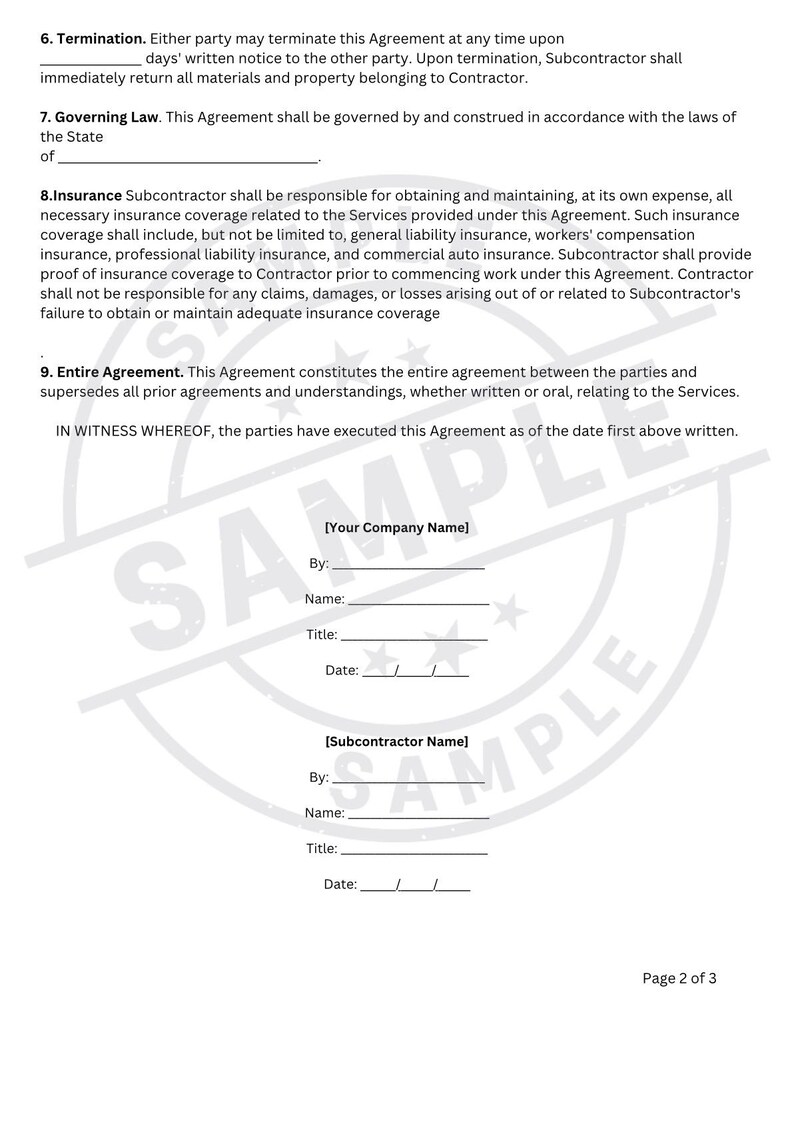 Editable Subcontractor Agreement Template | Bilingual Spanish English | Construction Contract ...