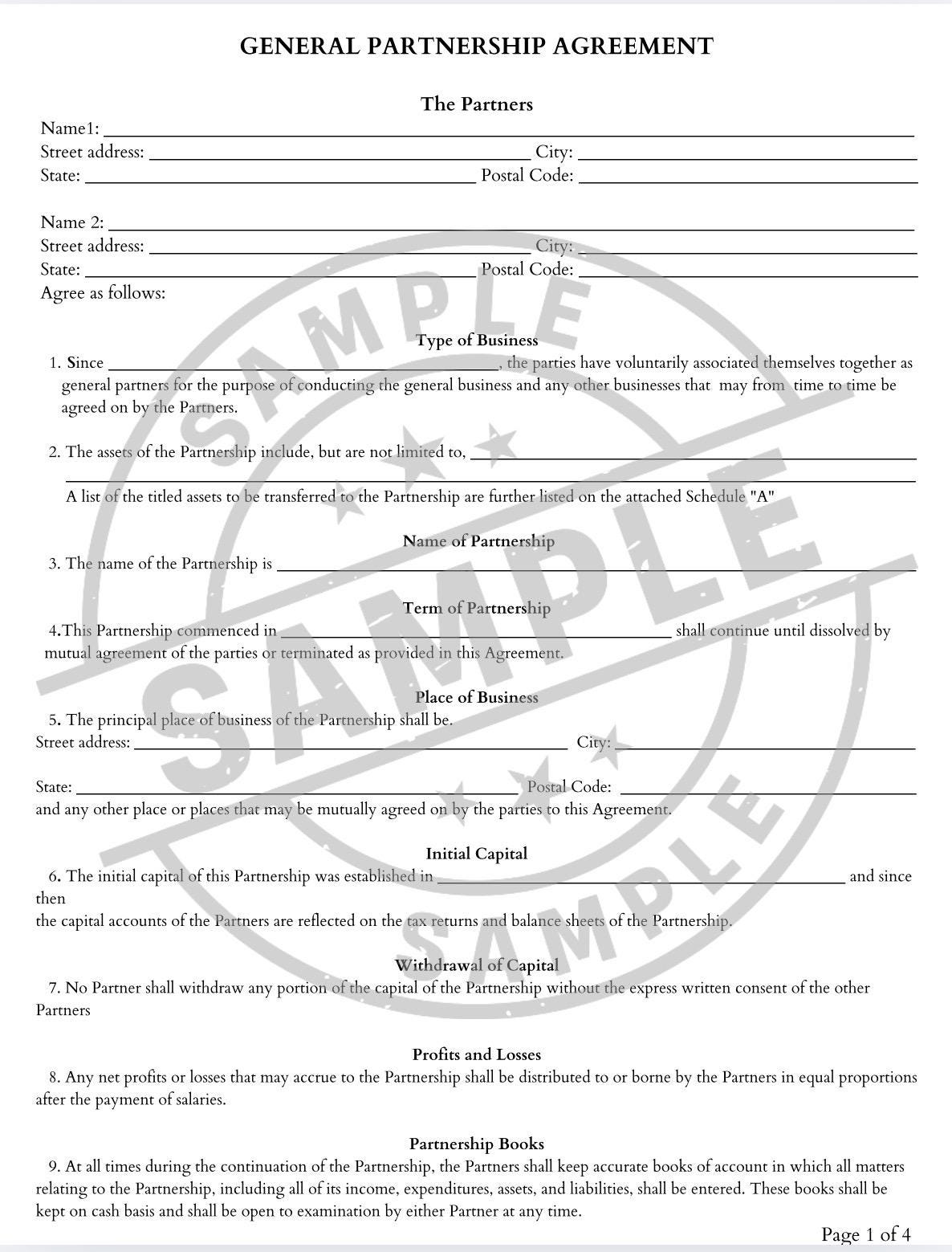 General Partnership Agreement Template | Editable PDF Contract ...