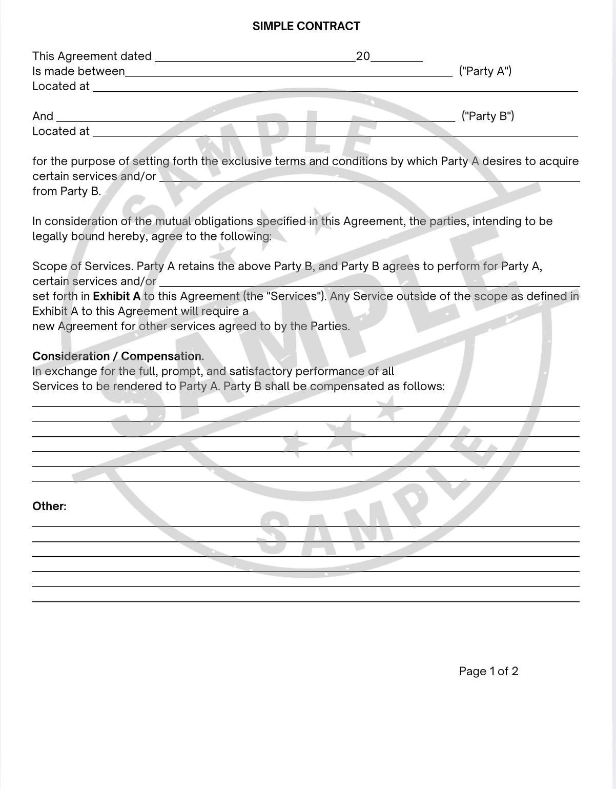 Simple Contract Template | Editable PDF Agreement | Instant Download - Etsy