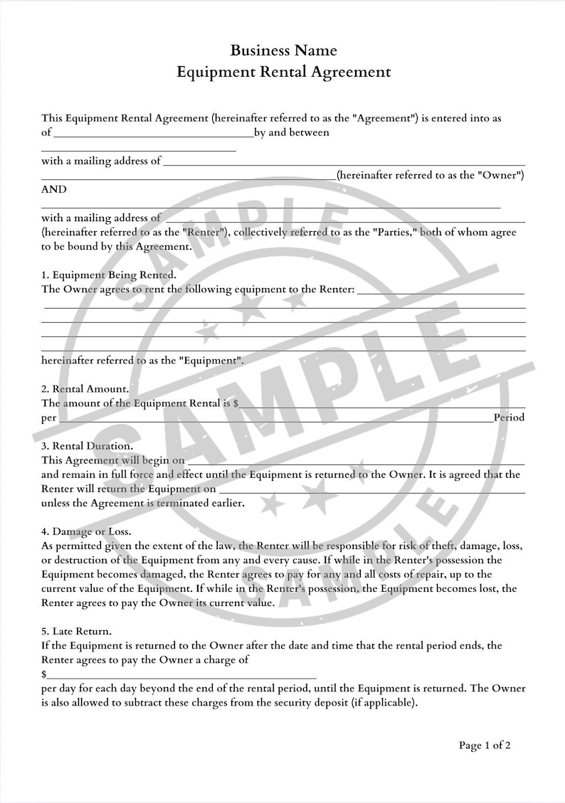 Equipment Rental Agreement Template | Editable PDF Contract | Instant ...