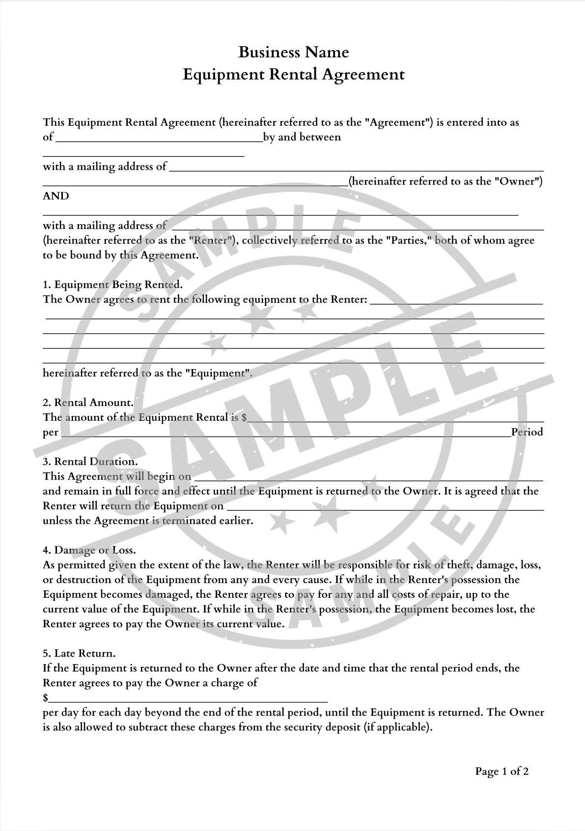 Equipment Rental Agreement Template | Editable PDF Contract | Instant ...
