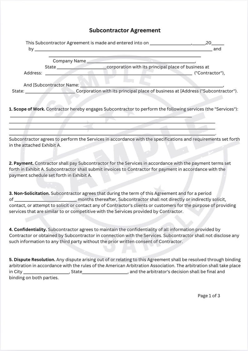 Editable Subcontractor Agreement Template | Bilingual Spanish English | Construction Contract ...