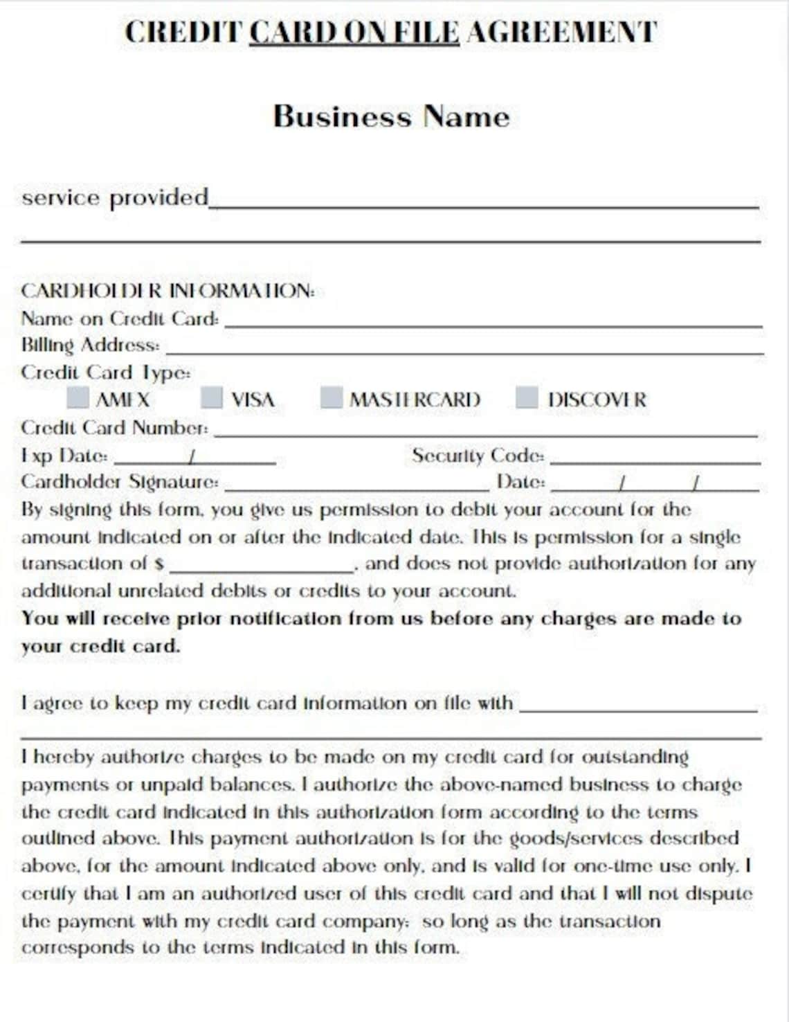 Credit Card on File Agreement - Etsy