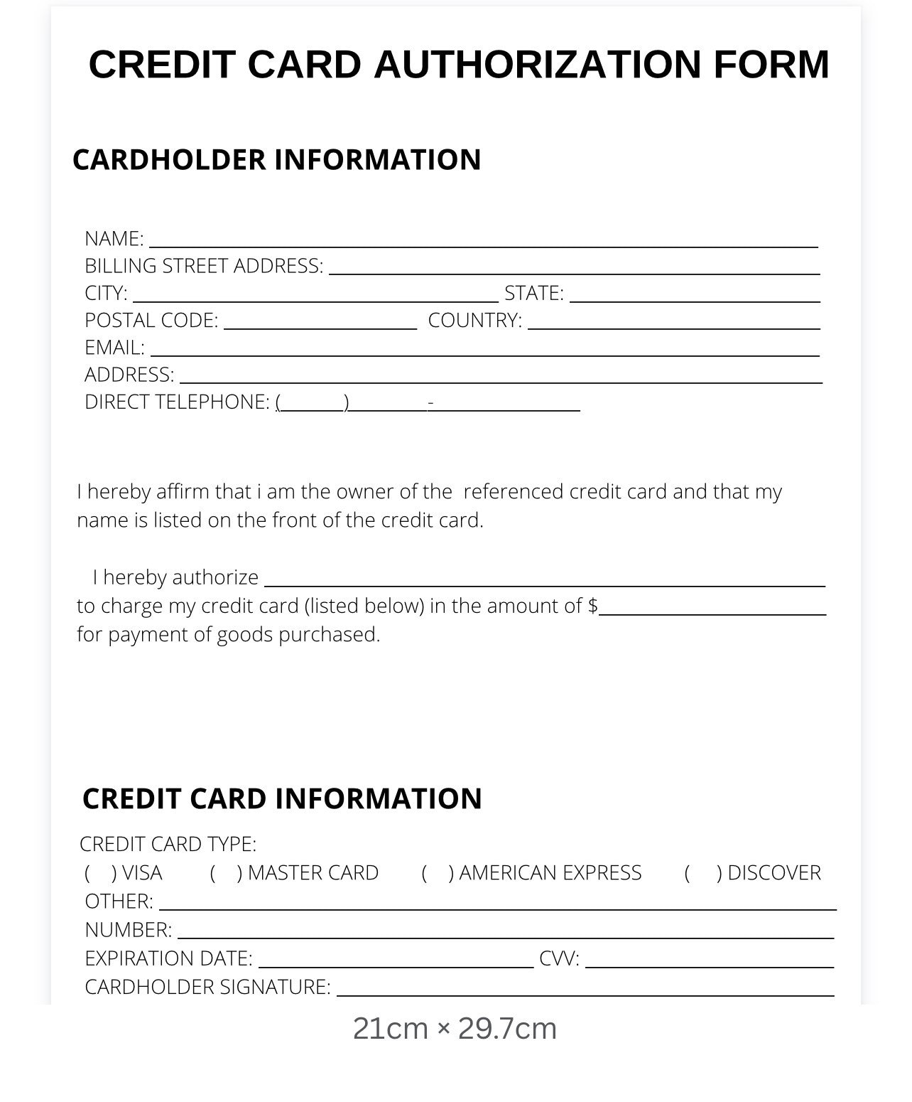 Minimalist Credit Card Authorization Form - Etsy