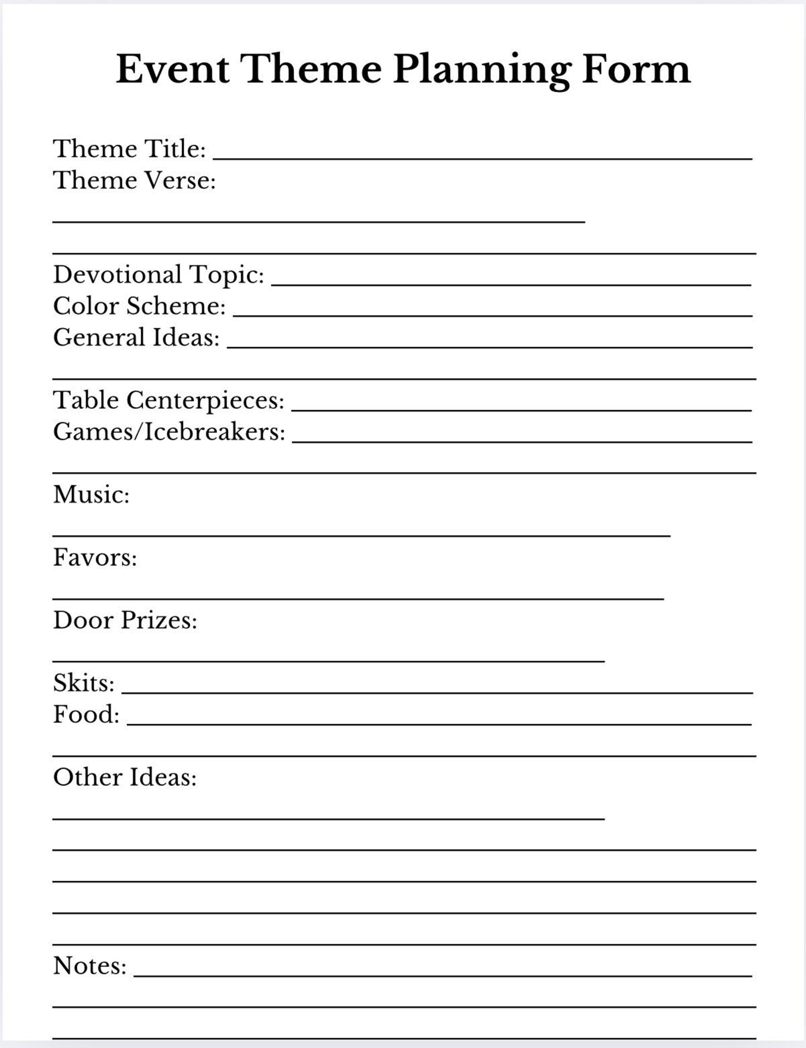Event Theme Planning Form - Etsy
