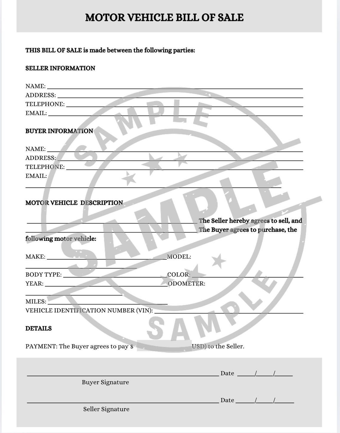 Editable Motor Vehicle Bill of Sale Template | Printable Car Sale ...