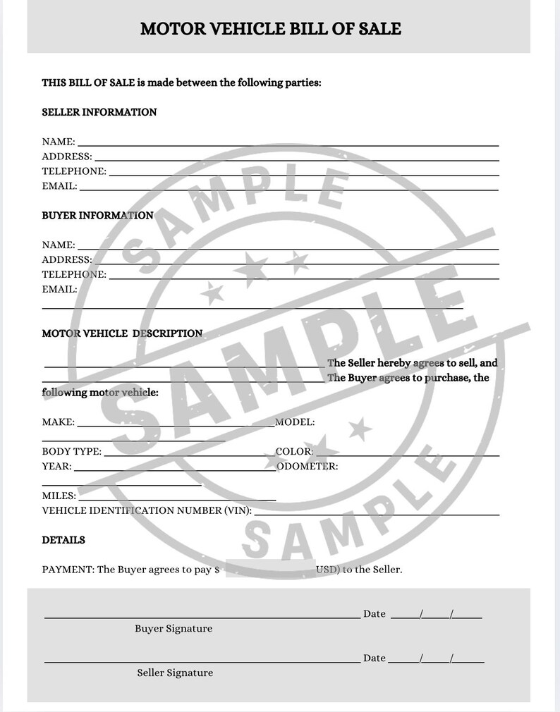 Editable Motor Vehicle Bill of Sale Template | Printable Car Sale ...