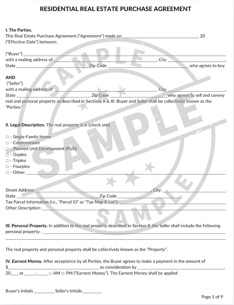 Residential Real Estate Purchase Agreement Template, Editable PDF ...