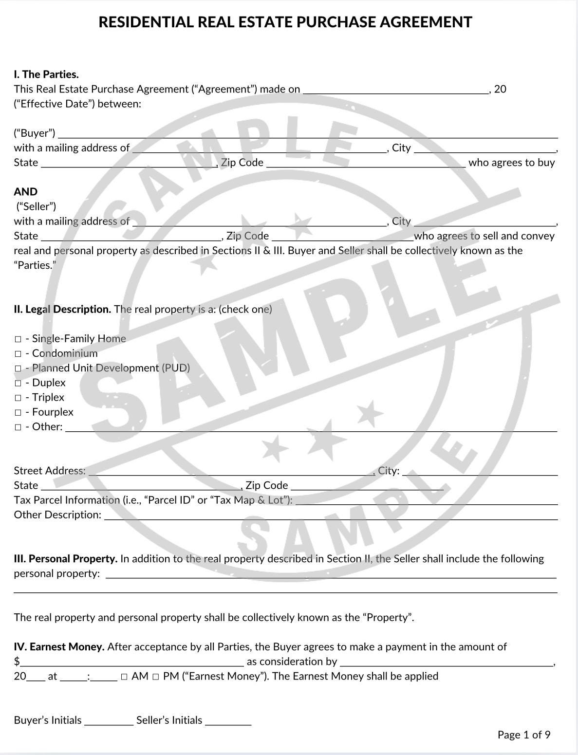 Residential Real Estate Purchase Agreement Template, Editable PDF ...