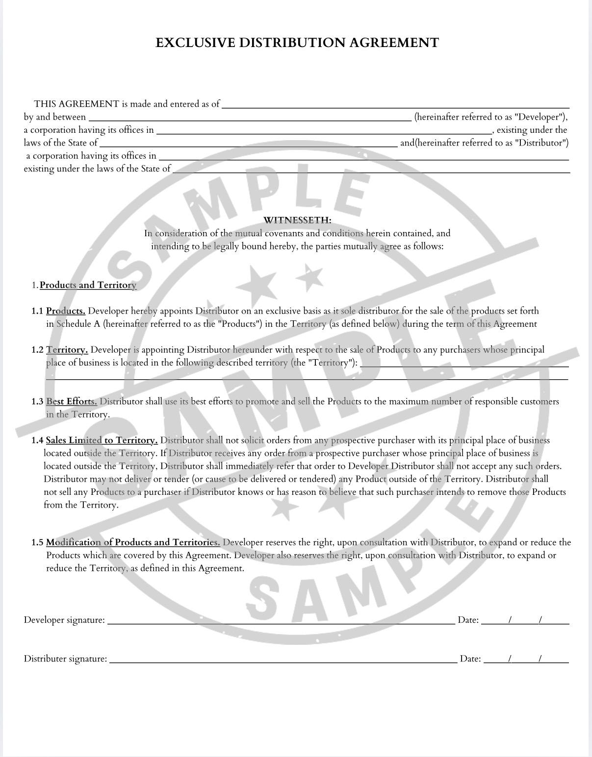 Exclusive Distribution Agreement Template | Editable PDF Contract ...