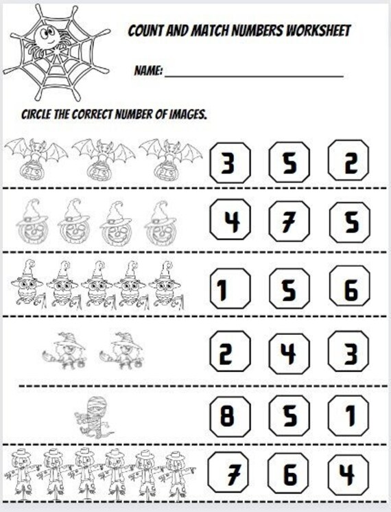 Halloween Count and Match Numbers Worksheet - Etsy
