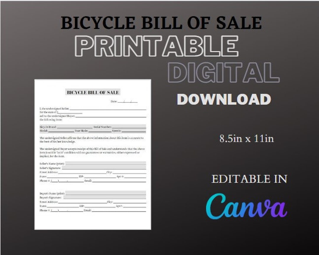 Bicycle Bill of Sale Template | Editable PDF | Instant Download - Etsy