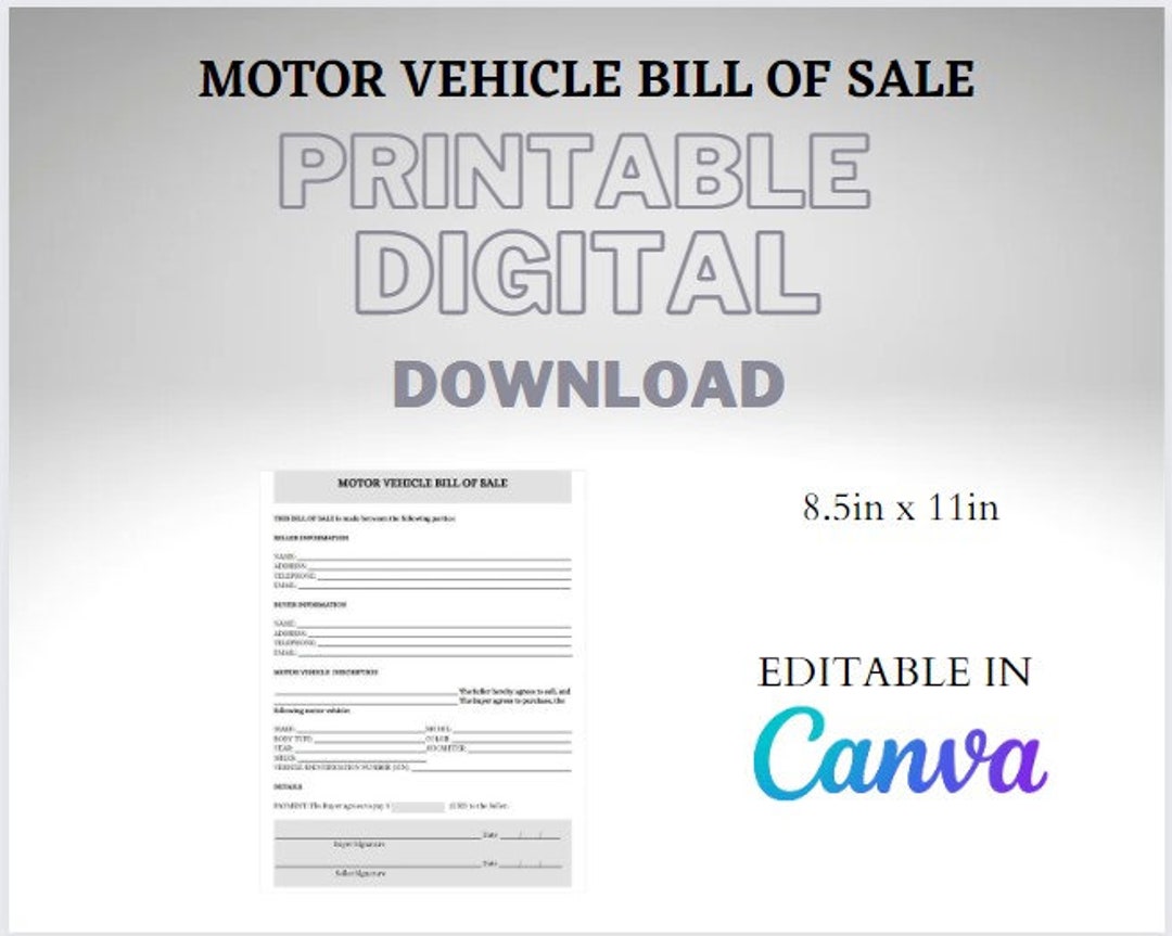 Editable Motor Vehicle Bill of Sale Template | Printable Car Sale ...