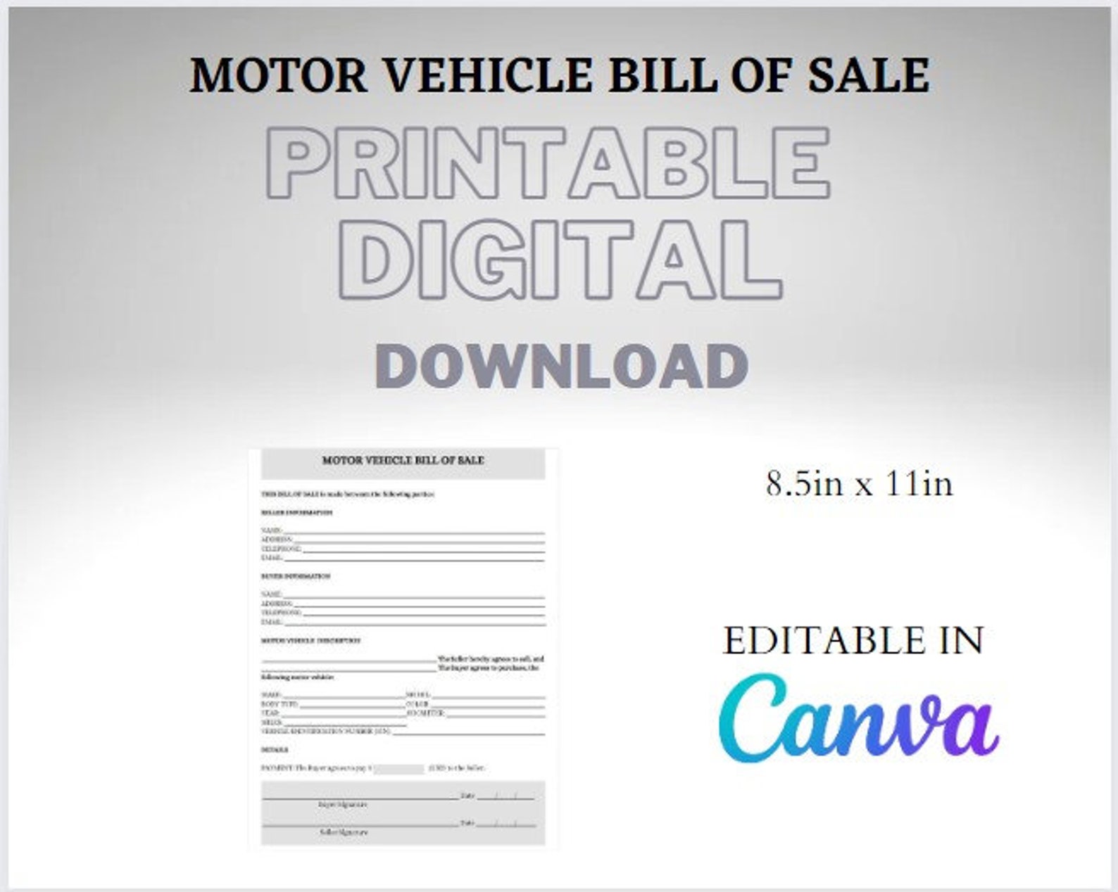 Editable Motor Vehicle Bill of Sale Template | Printable Car Sale ...