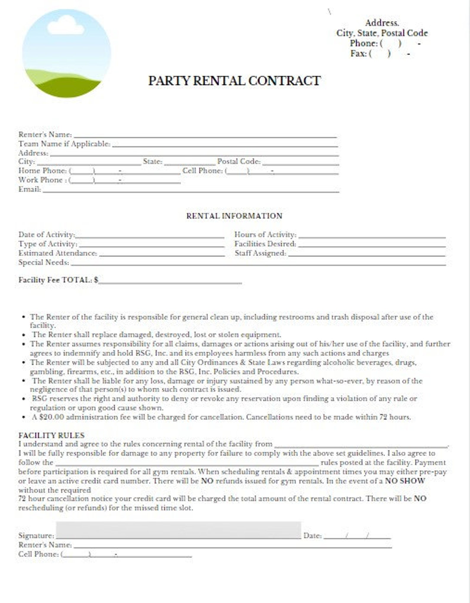 Party Rental Contract - Etsy