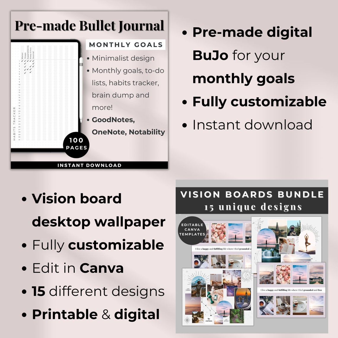 PREMADE BULLET JOURNAL Printable Bujo Pages Monthly Covers, Bullet ...