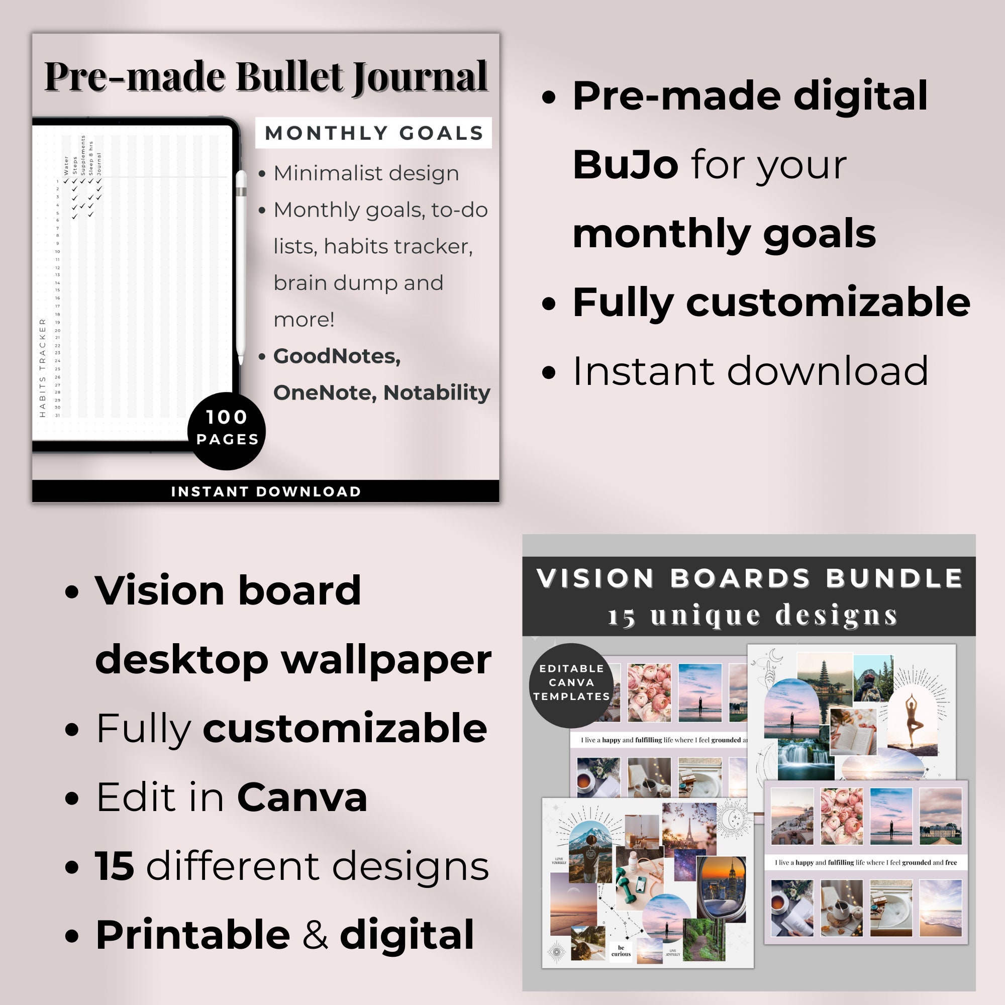 PREMADE BULLET JOURNAL Printable Bujo Pages Monthly Covers, Bullet ...