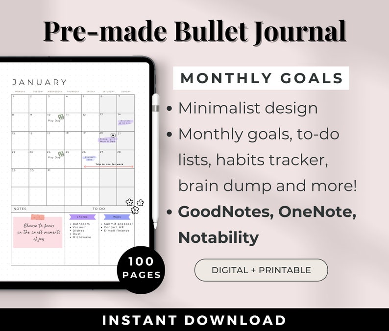Printable Goal Setting Planner | Premade Bullet Journal Kit | Digital ...