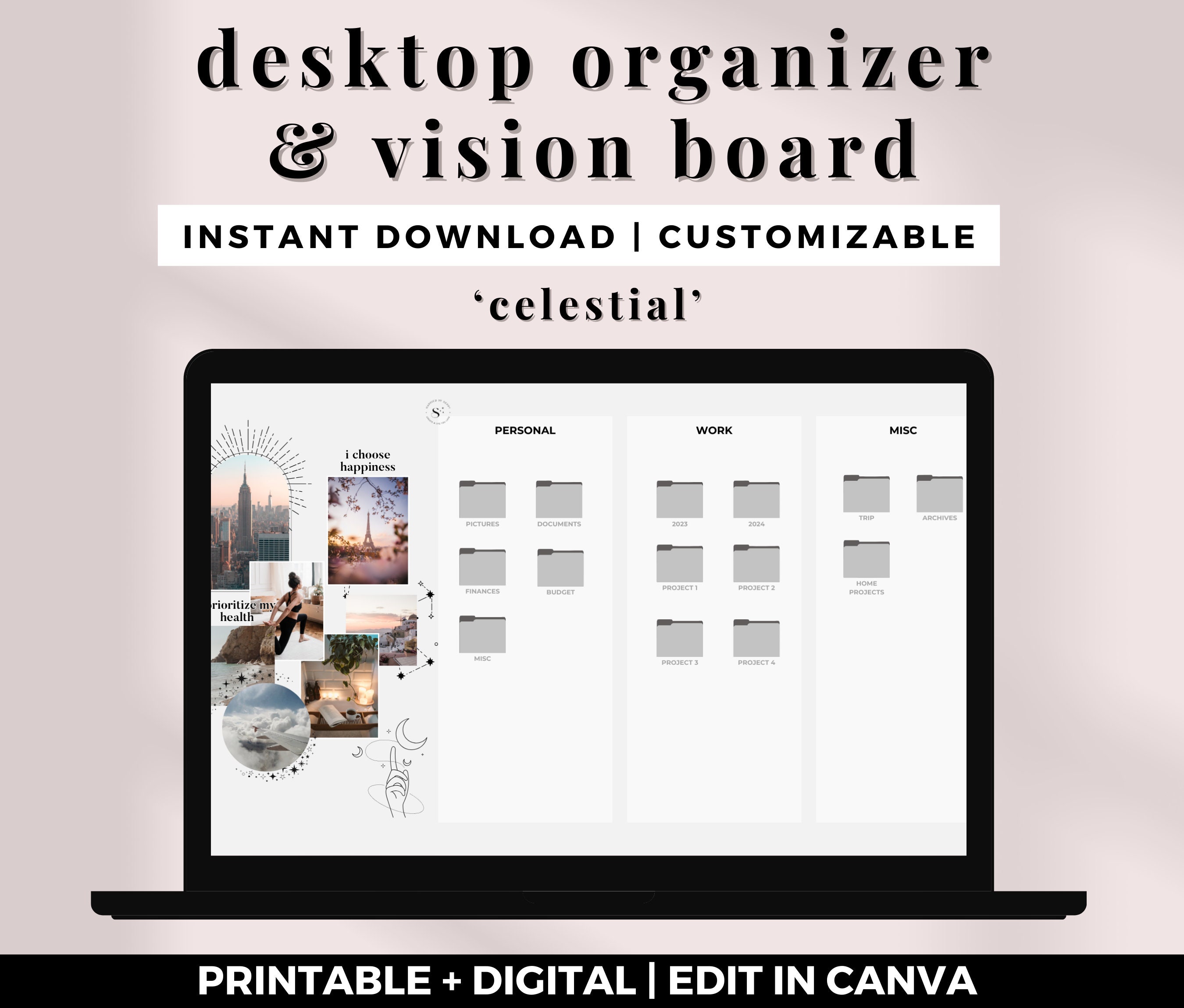 EDITABLE Desktop Wallpaper Organizer Aesthetic, Vision Board Kit ...