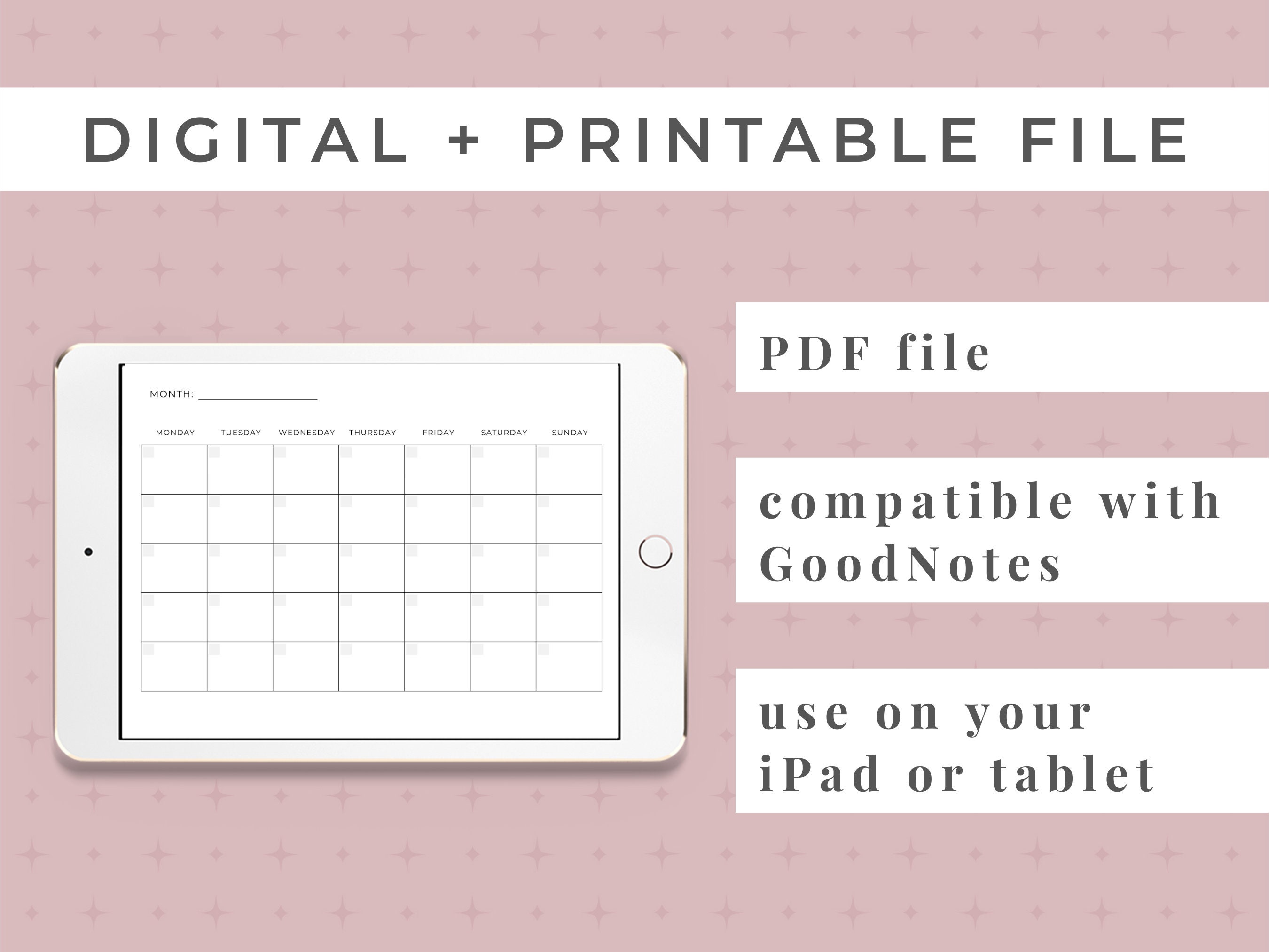 Undated Monthly Calendar Printable, Digital Planner Monthly Preview ...