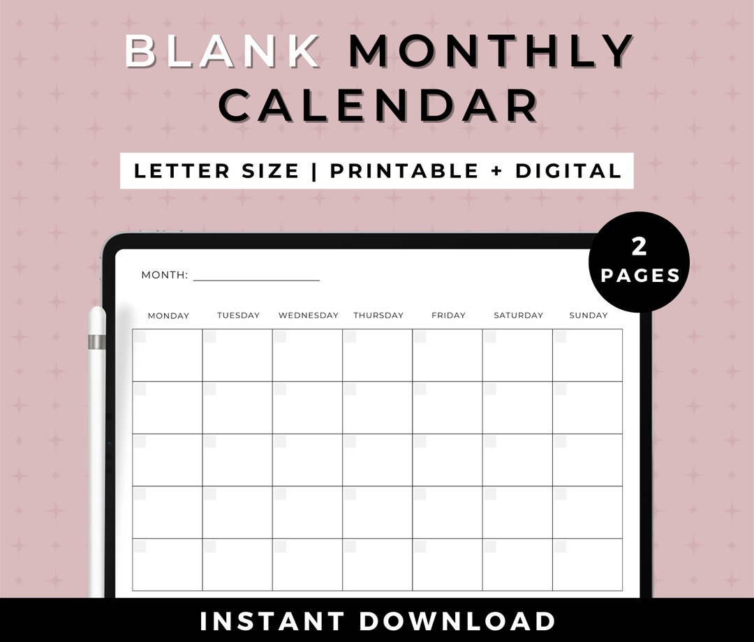 Undated Monthly Calendar Printable, Digital Planner Monthly Preview ...