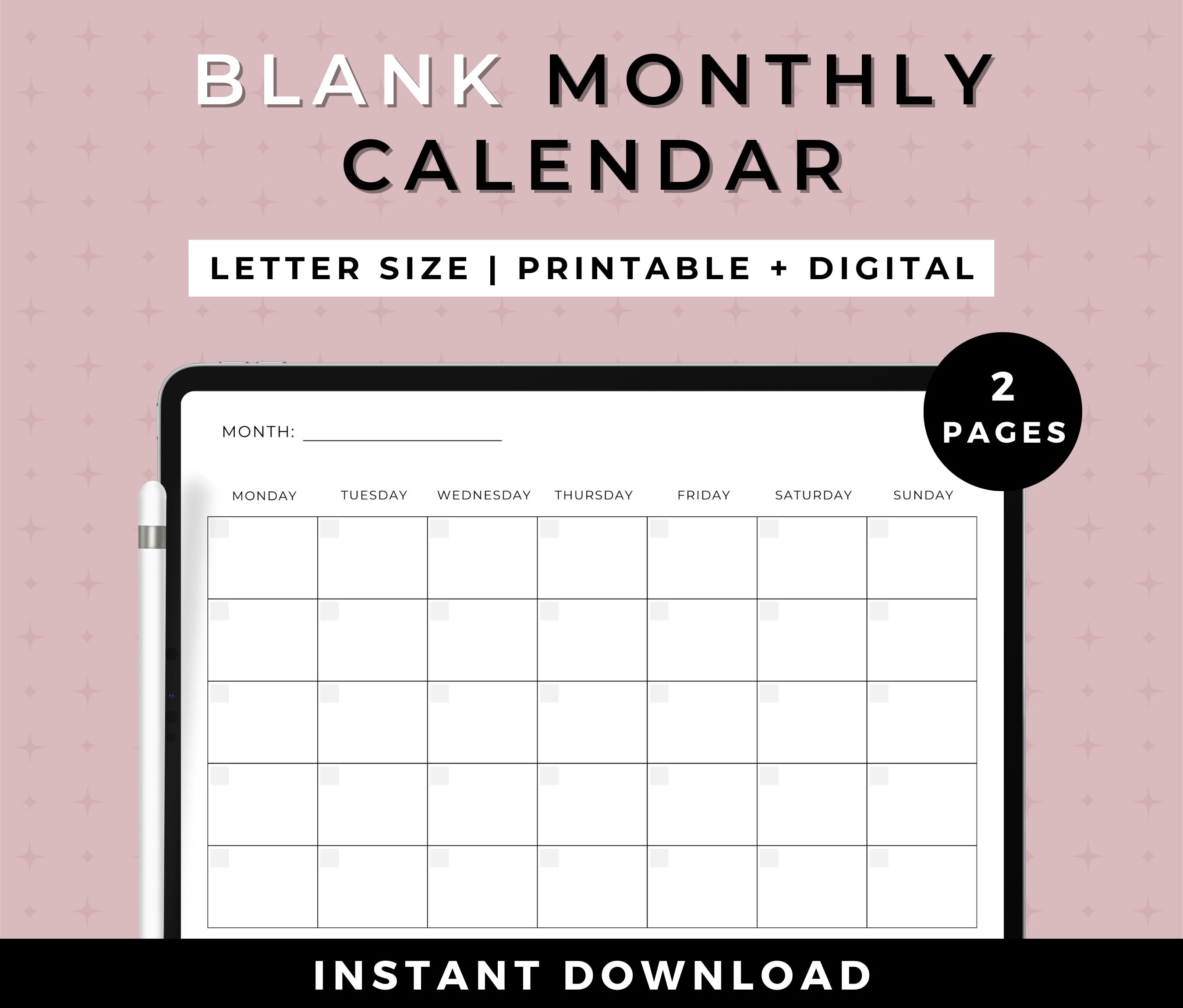Undated Monthly Calendar Printable, Digital Planner Monthly Preview ...